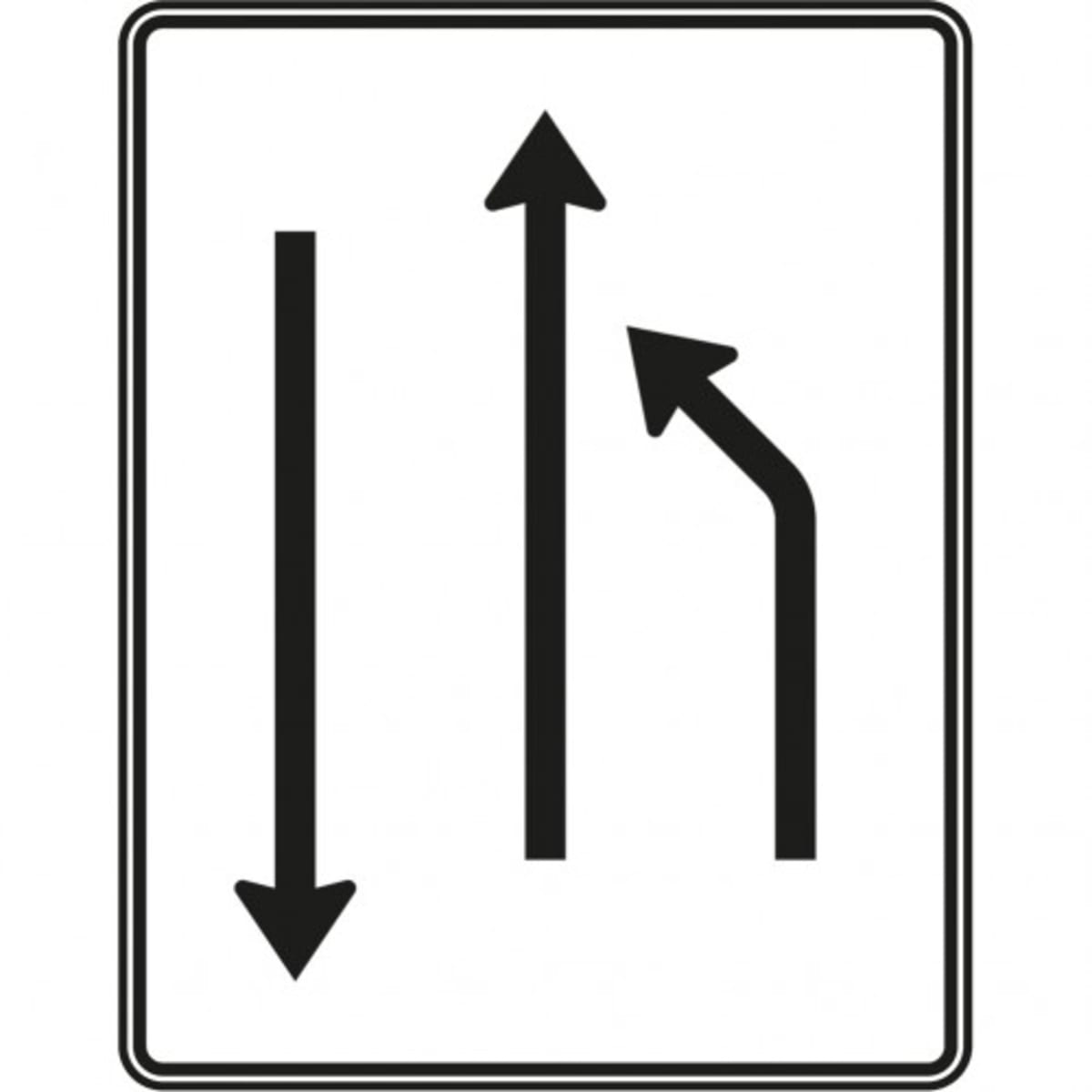Einengungstafel mit Gegenverkehr, Einzug rechts, noch 1 Fahrstreifen ...