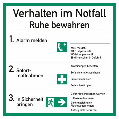 Aushang Verhalten im Notfall nach ISO 7010 / ASR A 1.3